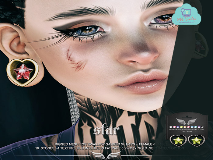 Second Life Marketplace - A*S STAR_^^Swallow^^Gauged XL Ears _onyx_(wear me)